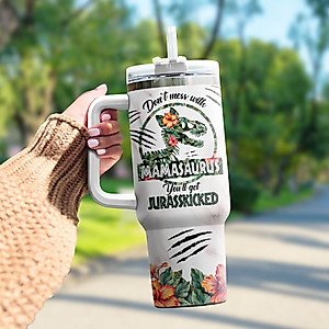 9SUNFLOWER Mamasaurus Stainless Steel Dinosaur Insulated Cup With Floral Straw Lid, Handle, 40 Oz Tumbler, Mommy Dinosaur Gift
