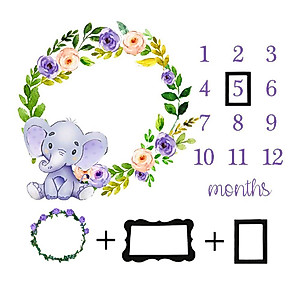 Baby Monthly Milestone Blanket Newborn Girls Purple Flower Elephant Photo Props Shoots Backdrop Personalized Photography Growing Infants Toddlers Swaddle Blanket Includes Wreath Frame
