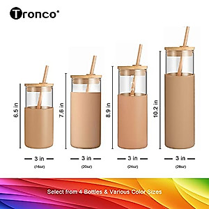 tronco 16 oz Glass Tumbler with Straw and Bamboo Lid, Iced Coffee Cup Reusable, Smoothie Cups, Tumbler with Silicone Protective Sleeve - BPA Free