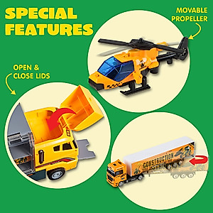 JOYIN 19 in 1 Die-cast Construction Toy Truck with Little Figures, Mini Construction Vehicles in Big Carrier Truck, Patrol Rescue Helicopter for Boys 3-9 Years Old, Kids Value Birthday Easter Gifts