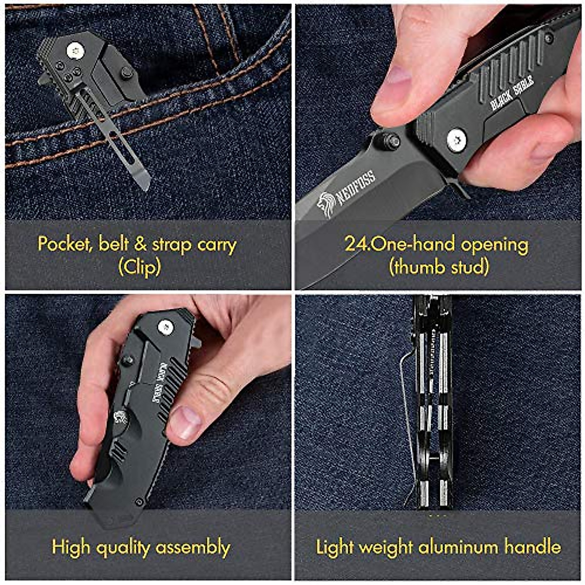 NedFoss Knifes Pocket Knives For Men, Black Coated Folding Pocket Knife, Fishing Hiking Survival Knife, with Safety Liner Lock and Belt Clip