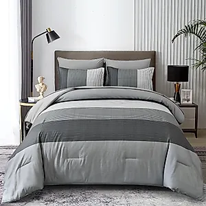 Grey Queen Comforter Set 7 Pieces, Ombre Striped Bed in a Bag Queen with Sheet Sheet, All Season Boho Patchwork Down Alternative Comforter Bedding Set