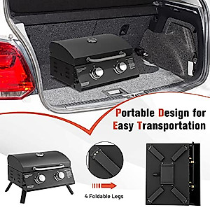 Happygrill Portable Gas Grill Two-Burner Folding Tabletop Barbecue Grill with Built-in Thermometer, Dual Control Knobs, Propane Grill for Outdoor Cooking Backyard Camping Picnic, 20000 BTU