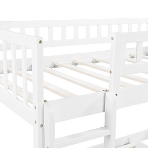 Harper & Bright Designs Twin Over Twin Bunk Beds with Slide and Stair, Solid Wood Low Bunk Bed with Storage Drawers and Guardrails for Kids Teens Bedroom, Guest Room Furniture (No Box Spring, White)