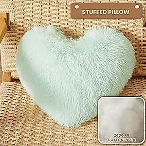 MEGO Fluffy Heart Pillow, Faux Fur Decorative Throw Pillow, Plush Shaggy Heart Shaped Pillow w Insert&Cover, Cute Furry Throw Pillows for Couch Bed Sofa Kid Girls Women Valentine's Day Gift Aqua Green
