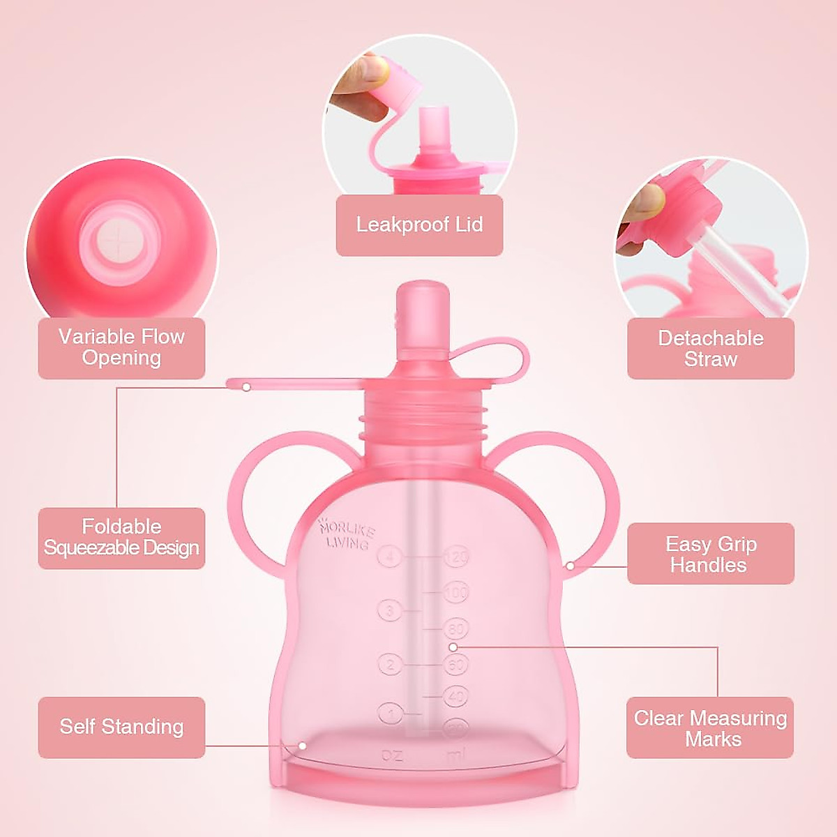 Morlike Living Silicone Refillable Baby Food Pouches, Reusable Squeeze Storage Pouch Bags with Straw for Toddlers Kids, Washable & Freezable, 4.5oz (2 Pack - Pink)