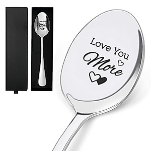 GLOBLELAND 7.6inch "Love You More" Engraved Stainless Steel Spoon with Gift Box Funny Table Dinner Spoon Soup Coffee Spoon for Friends Families Festival Wedding Anniversary