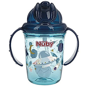 Nuby No Spill Flip N Sip 2 Handle Tritan 360 Weighted Straw Glitter Print - 8oz/ 240 Ml/ 12 M+, Colors Vary: Blue Space, Red Dinosaur, Pink Fox, Green Swan