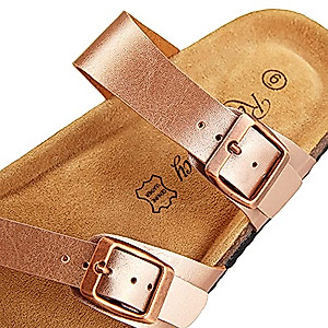 Real Fancy Women's Cork Footbed Sandals with Adjustable Crisscrossing Straps - Slip on Slide Sandals for Women/Ladies, Low Heel Arch Support (Gold,9)