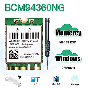 BCM94360NG NGFF M.2 2230 WiFi Card 802.11ac 1200Mbps Adapter for macOS BCM94360CS Wireless Card Original M.2 Card Plug and Play for AirDrop Continuity Handoff Better BCM94352Z DW1560 for Intel NUC