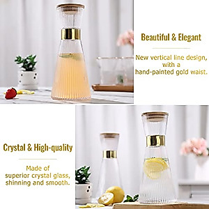 DUJUST Ribbed Glass Carafe with Lid (34oz), Elegant Water Carafe with Gold Decoration, Crystal Glass Carafe, with Thickened Bottom, for Juice, Milk, Tea, Food-Grade Silicone, Leak-proof