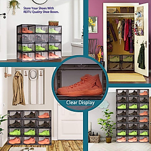 Reitu 3 Pack Shoe Storage Boxes, Clear Plastic Stackable Shoe Organizer Bins, Side Opening Sneaker Holder Containers For Men/Women sneaker Fit up to US Size 13 (Black)