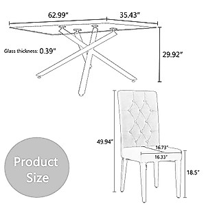 5 Piece Dining Table Set,63" Rectangular Tempered Glass Top Kitchen Table and Dining Chairs Set of 4,Modern White Velvet Upholstered Chair and Gold Metal Dining Room Tables for Kitchen, Living Room