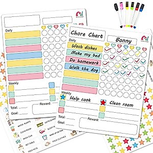 Magnetic Chore Chart 2 Pcs Dry Erase Behavior Chart, 6 Markers/52 Static Tasks/140 Color Stars, Reward Chart for Multiple Kids, Responsibility Chart for Refrigerator Chore Board for Teenagers Toddlers