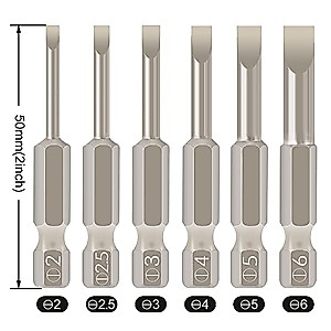 6 Pcs Slotted Screwdriver Bit Set Magnetic Flat Head Bits 2.0-6.0mm 1/4 Inch Hex Shank 2 Inch Long