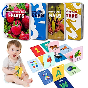 JONZOO Bilingual Baby Flash Cards, 100 Pages Toddler Flashcards with Rings & Holes, Educational Toy for Kids Baby Toddlers Over 6 Months Learn ABCs/Language/Numbers/Animals/Fruits(Visual Cards)