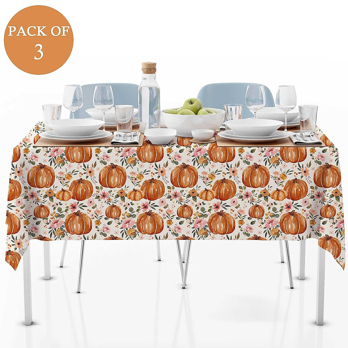 3 Pack Pumpkin Tablecloths Baby Shower Table Cover, Fall Thanksgiving Autumn Harvest Pumkpin Baby Shower Decorations, 108" x 54" Floral Little Pumpkin Birthday Party Supplies for Boys Girls