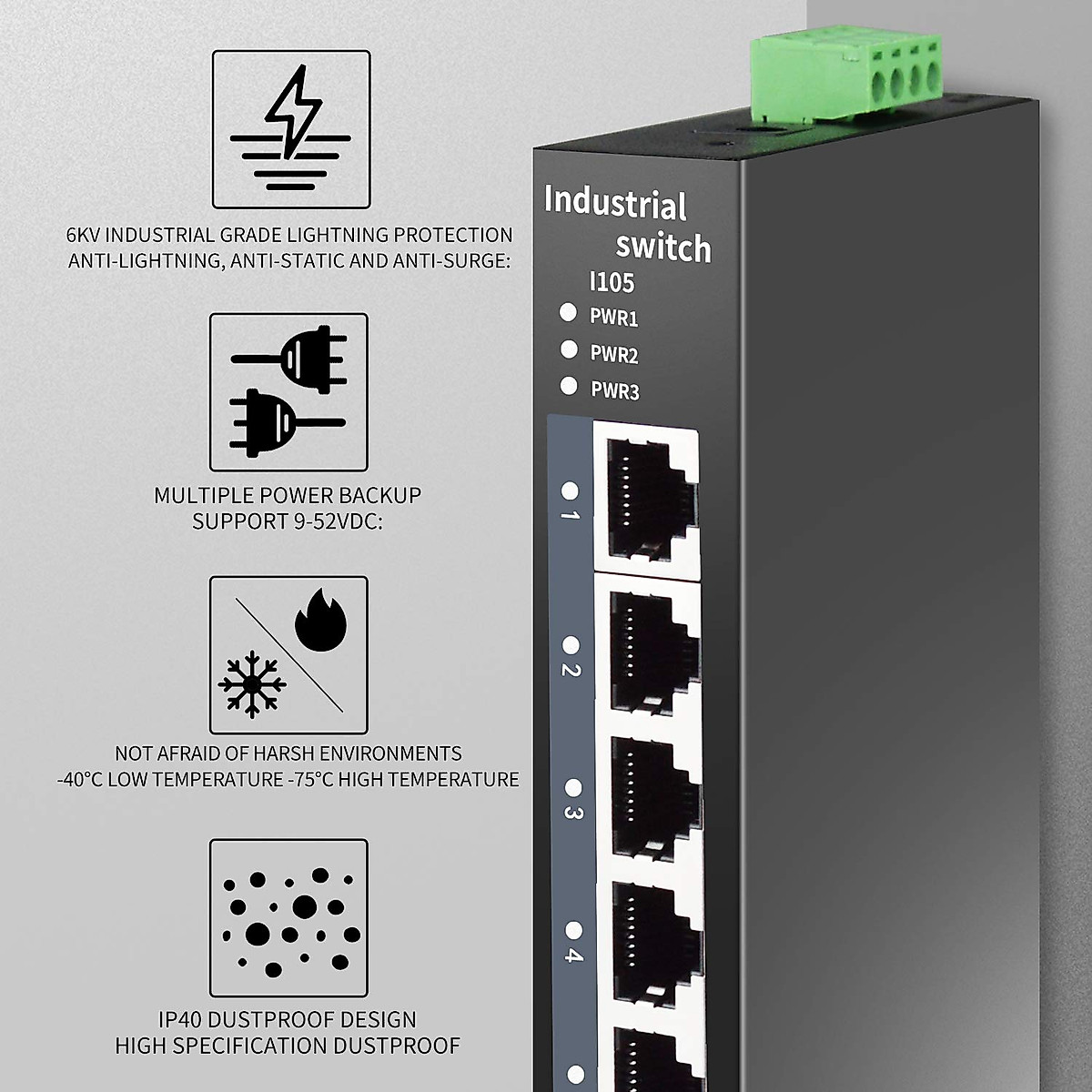 5-Port Hardened Industrial DIN-Rail Switch Network Switch (-40 to 70 ºC),5 x 100Mbps Ports,1Gbps Switching Capacity,DIN-Rail Included, Lifetime Protection