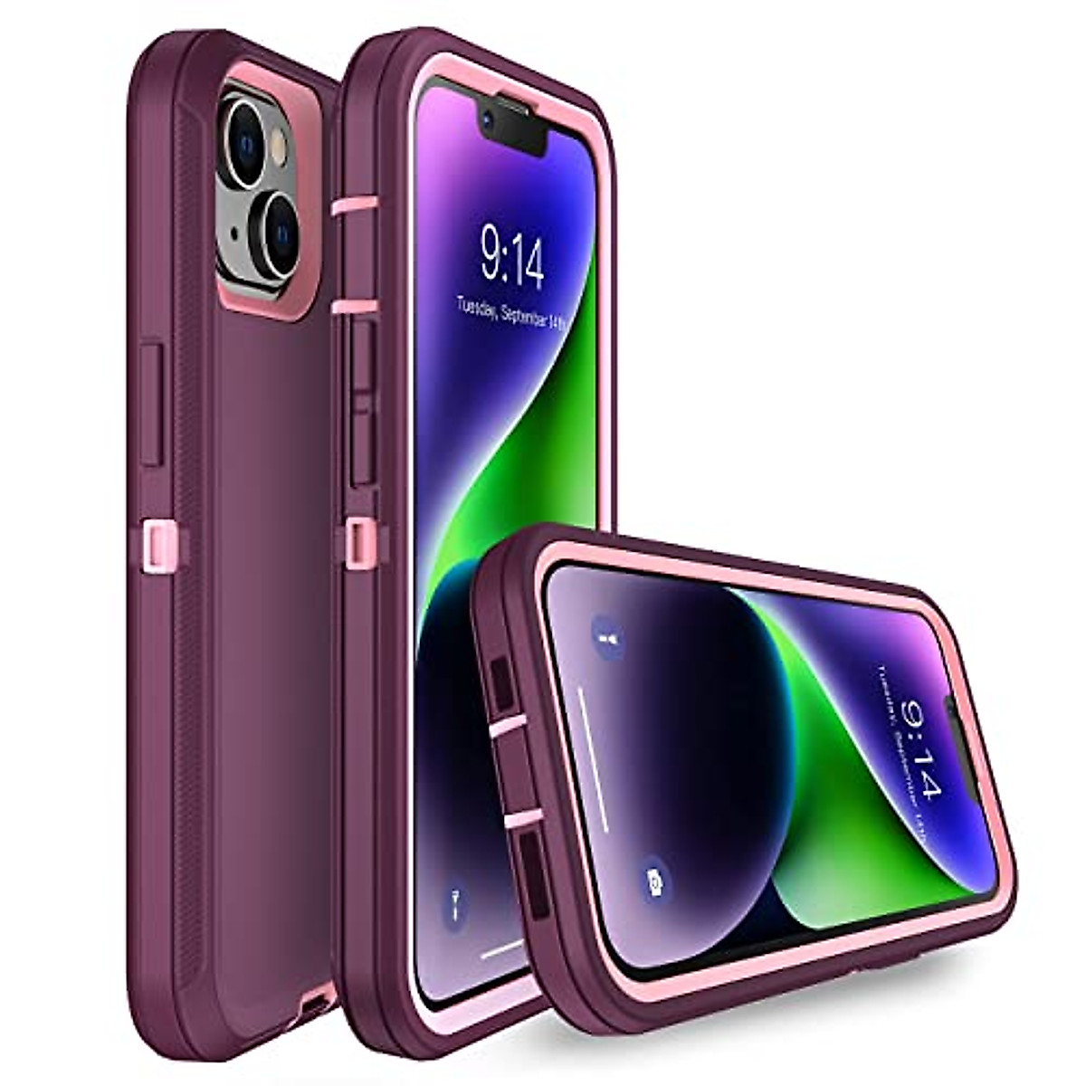 MXX Case for iPhone 13, with Tempered Glass Screen Protector,Camera Lens Protector 3-Layer Full Heavy Duty Body Bumper Cover Shockproof Protection Dustproof, for iPhone 13 6.1" (Plum/Light Pink)