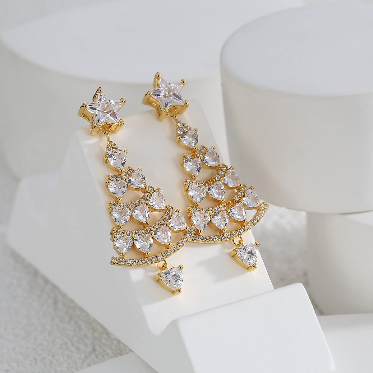 PICKBEAU Tassel Crystal Christmas Tree Hoops for Women 925 Silver Post Rhinestone Xmas Drop Earrings for Christmas Party Favors