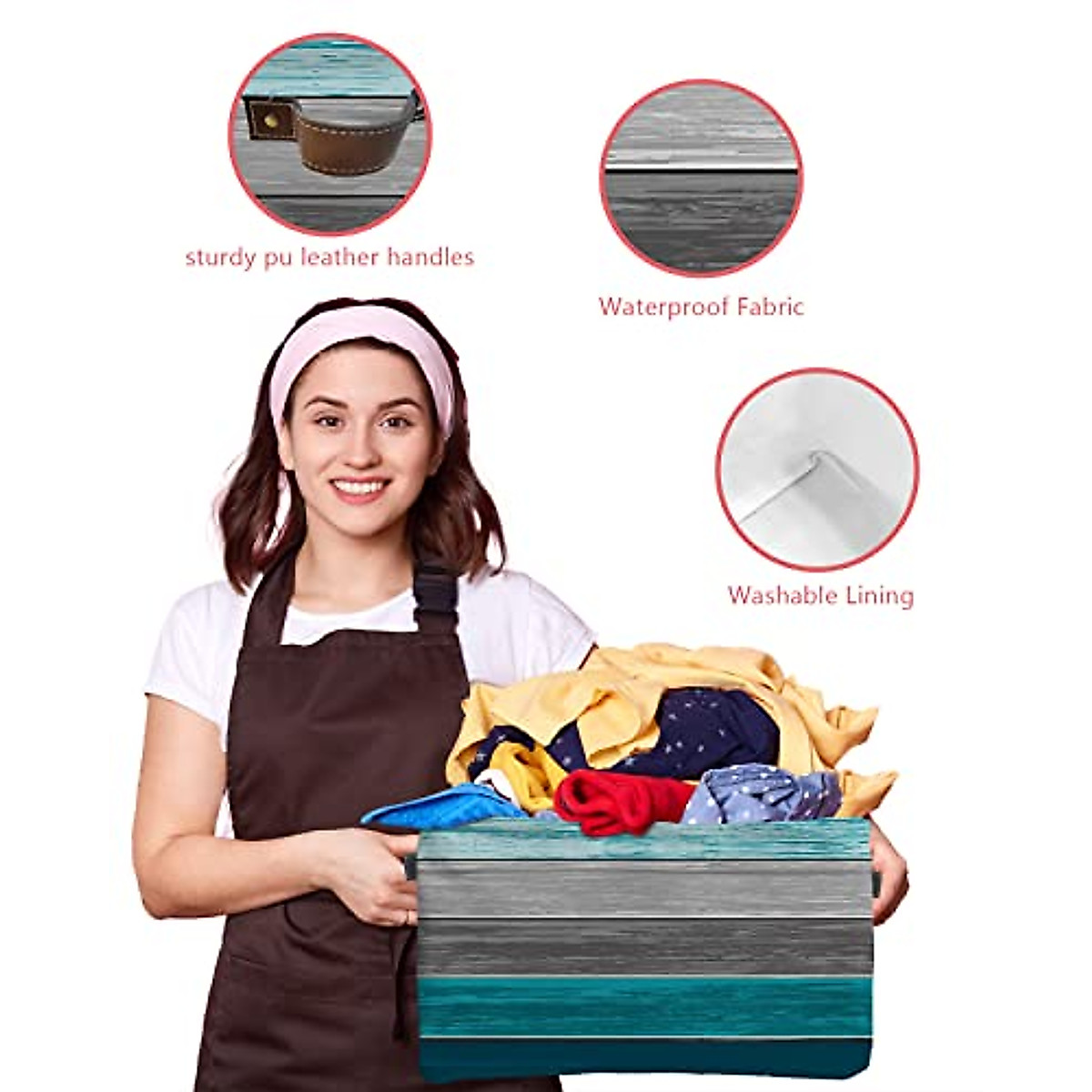 Teal Wood Board Grey Gradient Stripes Storage Bins with Handles, Barn Gray Blue Green Ombre Storage Basket for Shelves, Cube Storage Organizer Bins for Toys, Closet (1 Pack, 15" x 11" x 9.5")