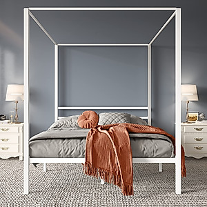 YITAHOME Canopy Bed Frame Metal Four Posters 14 Inch Platform with Built-in Headboard Strong Metal Slat Mattress Support, No Box Spring Needed, White, Queen Size