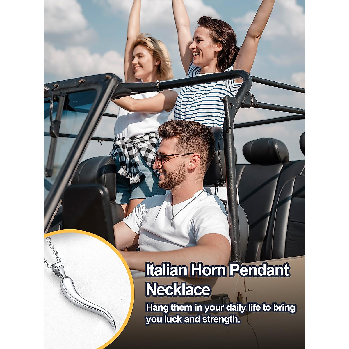 U7 Italian Horn Pendant for Car Sterling Silver Lucky Pepper Pendant Cornicelli Necklace 18 Inch