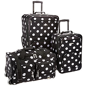 Rockland Vara Softside 3-Piece Upright Luggage Set, Black dot, (20/22/28)