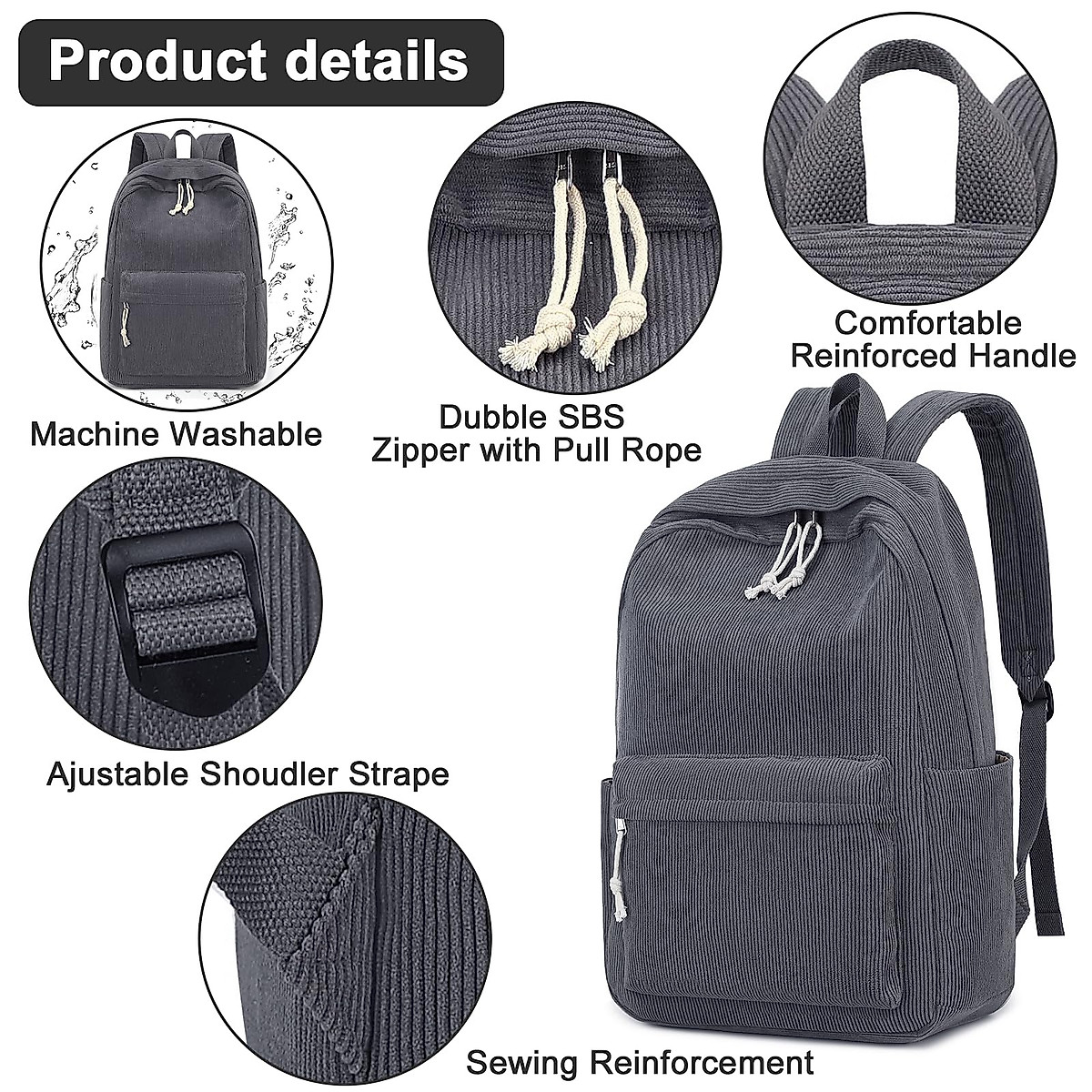 School Backpack for Teens Large Corduroy Bookbag Lightweight 17 inch Laptop Bag for Girls Boys Casual High School College