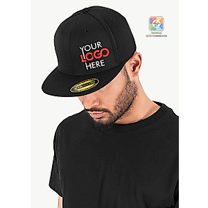 Baseball Premium Fitted Flat Brim Flex Fit Hat Custom Personalized Logo Elastic Closure Hat for Men and Women Custom Embroidered (L/XL, Black)