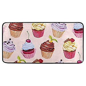 Kitchen Rugs Watercolor Cupcakes Design Non-Slip Soft Kitchen Mats Bath Rug Runner Doormats Carpet for Home Decor, 39" X 20"