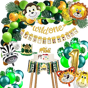 FVABO Wild One Birthday Decorations - Jungle Theme Party Supplies Include Leaf, Baby Photo Banner, Highchair Banner, Topper, Balloons Garland Arch, Crown, for 1st Animal Safari Birthday Party Decor