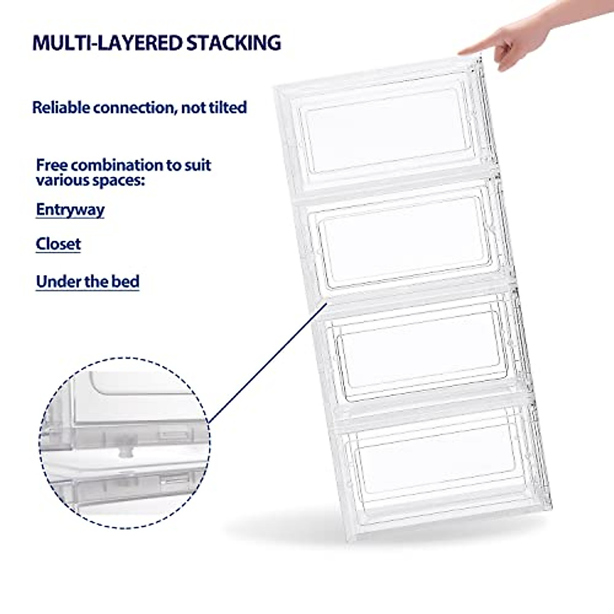 DEZENE Large Sturdy Storage Boxes: Pack of 6 Stackable Clear Plastic Organizer Containers for Closet, Drop Front Bins for Display Sneakers, Fit Shoe Size Up to US Men 12