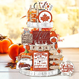 Huwena 16 pcs Thanksgiving Tiered Tray Decor Thanksgiving Gnome Truck Pumpkins Wood Sign Table Centerpieces Rustic Farmhouse Decorative Trays for Table Kitchen Wall Decorations
