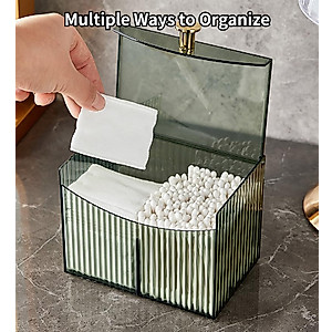 Clear Qtip Holder Dispenser for Cotton Ball and Swab Plastic with Lid Translucent Canister 2 compartment Bathroom Living Room Bedroom Vanity Makeup Organization (Green*2)