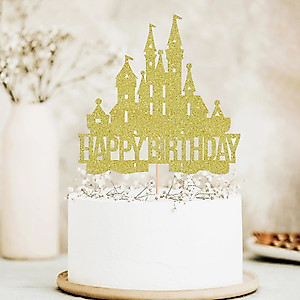 MYAMPED Castle Birthday Cake Topper - Double-Sided Gold Glitter Castle Themed Birthday Cake Decoration Supplies - Princess/Prince Birthday Cake Bunting Decor, Photo Booth Props