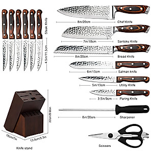 Kitchen Knife Sets with Block, 15-Piece High Carbon Stainless Steel Knife Block Set with Sharpener, Ultra-Sharp kitchen knives with Triple Rivet Wood Handle Perfect for Cooking Cut