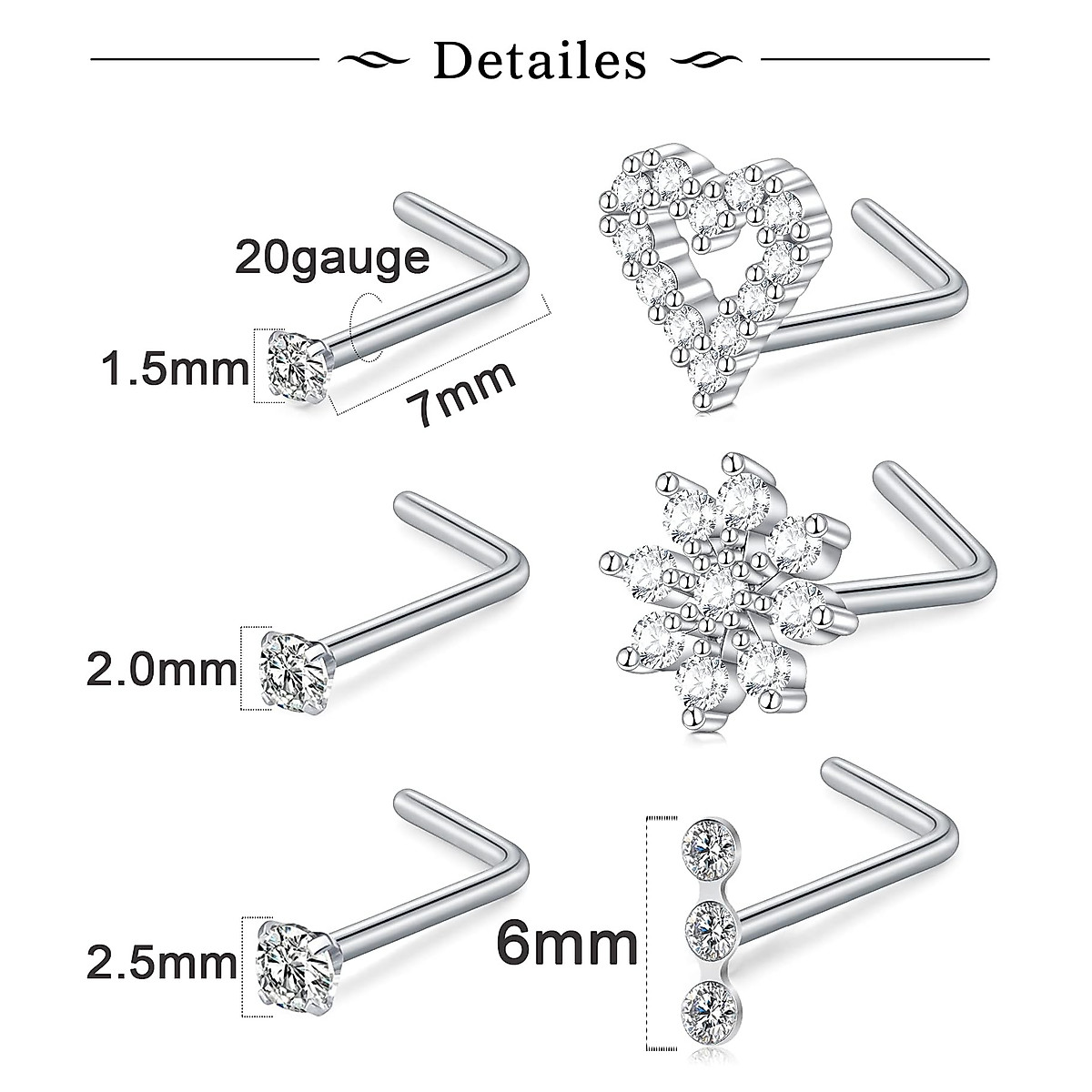 MODRSA Nose Studs 20g Nose Stud L Shaped Diamond Nose Rings Stud for Women Surgical Steel Nose Rings Nose Screw Nose Piercing Stud Flower Heart Nostril Jewelry Silver
