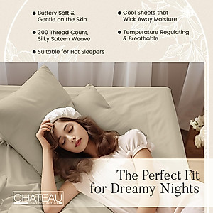 100% Organic Cotton Queen Sheet Set & Standard Pillowcases Set of 2 Combo- 300 Thread Count Long Staple Cotton Sheets,3 Pc Queen Size Sheets & Standard Pillowcases, Sateen Sheets, Breathable - Tan