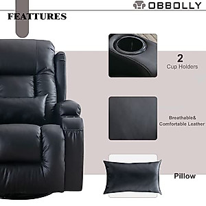 OBBOLLY Swivel Rocker Recliner Chair with Massage, Manual Glider Rocking Recliner Chair, Wingback Design 360?Swivel Chair with Lumbar Pillow, Cup Holders for Living Room (Single, Black-pu)