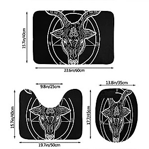 WONDERTIFY Pentagram Demon Bathroom Antiskid Pad Baphomet Satanic Goat Head Symbol Tattoo 3 Pieces Bathroom Rugs Set, Bath Mat+Contour+Toilet Lid Cover White Black