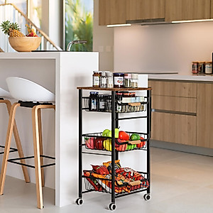 HEOMU 4 Tier Rolling Kitchen Storage Cart, Metal Snack Cart with Wheels, Kitchen Cart with Drawers for Kitchen, Bathroom, Living Room, Bar, Office, Black