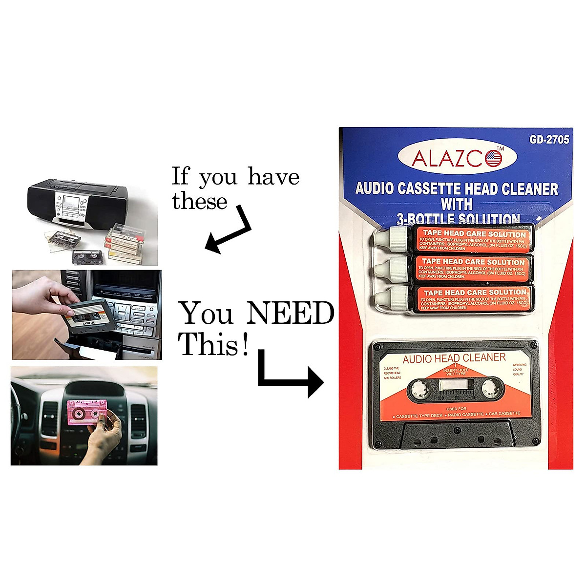 Audio Tape Cassette Head Cleaner w/ 3 Cleaning Fluids Care Wet Maintenance Kit by Alazco