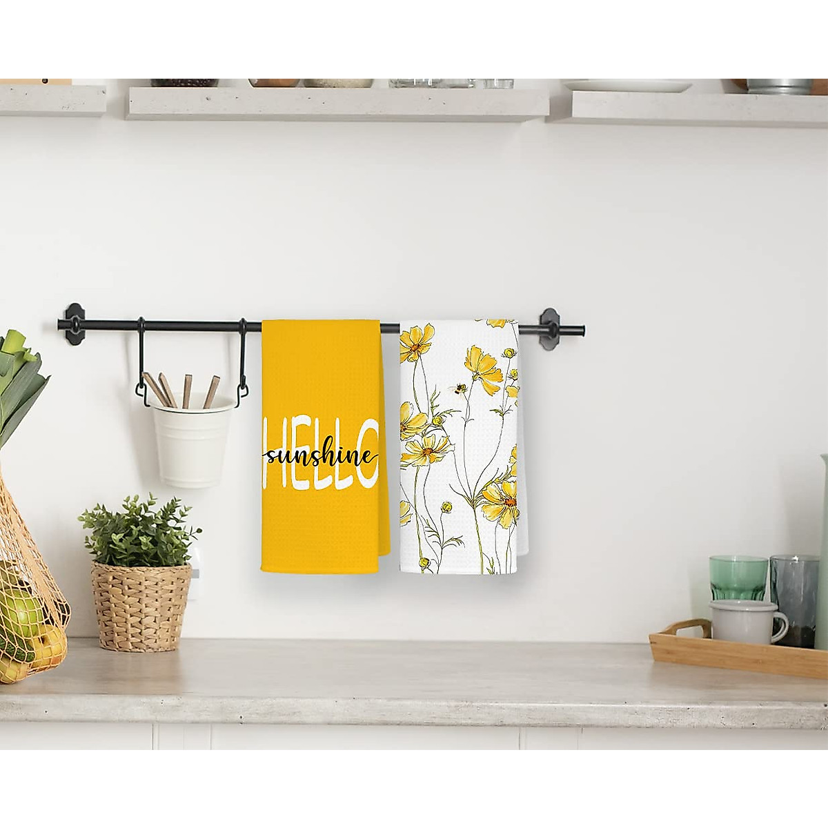 QODUNG Hello Sunshine Summer Spring Soft Kitchen Towels Dishcloths 16x24 Inch Set of 2,Hand Drawn Daisy Flower Drying Cloth Hand Towels Tea Towels for Kitchen