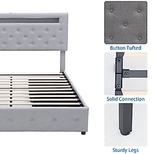 Fushimuma Queen LED Bed Frame with Drawers, Upholstered Platform Bed Frame with Adjustable Button Tufted Headboard and 2 USB Ports, Solid Wooden Slats Support, No Box Spring Needed, Light Grey