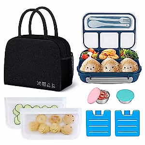 KUBYA Bento Box Lunch Box Kit, 1300ML Lunch Container Leak-Proof 4 Compartment With Ice Packs, Reusable Lunch Bag, Food Bags, Sauce Cups, Durable Lunch Box Microwave Freezer Safe