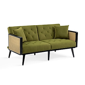 Dolonm 62 Inch Velvet Sofa with Rattan Armrests and 2 Pillows, Loveseat Sofa with Metal Feet, Modern Convertible Futon Couch, Multi-Functional Sofa Bed, Accent Sofa for Living Room, Olive Green