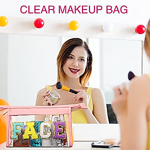 6 Pcs Clear Preppy Patch Makeup Bag Nylon Cosmetic Bag PVC Zipper Varsity Letter Toiletry Bag Multipurpose Makeup Bag for Purse Skin Care Bag Travel Pouches for Toiletry Preppy Organizer (Cute Color)
