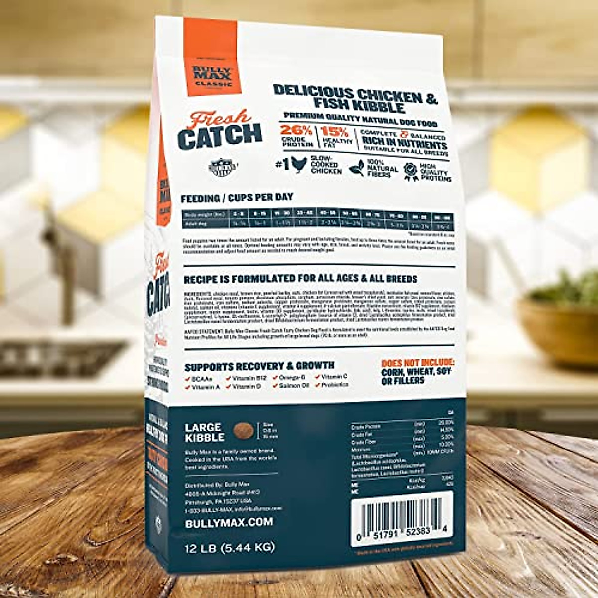 Bully Max Classic Fresh Catch Chicken, Rice & Fish Recipe - Slow-Cooked, Nutritious Puppy & Dog Food, Large Kibble Wholesome Dog Food, Natural Dog Food w/Added Vitamins, Minerals, & Nutrients, 12 lbs