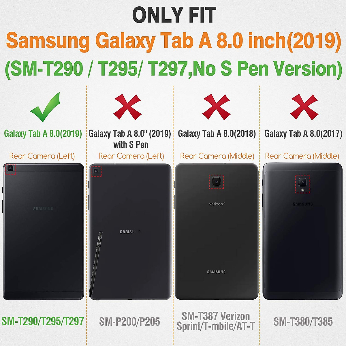 SEYMAC stock Case for Samsung Galaxy Tab A 8.0'' 2019 (SM-T290/295/297) - Black, Solid Pattern, Screen Protector, Drop-Proof, Polycarbonate Material